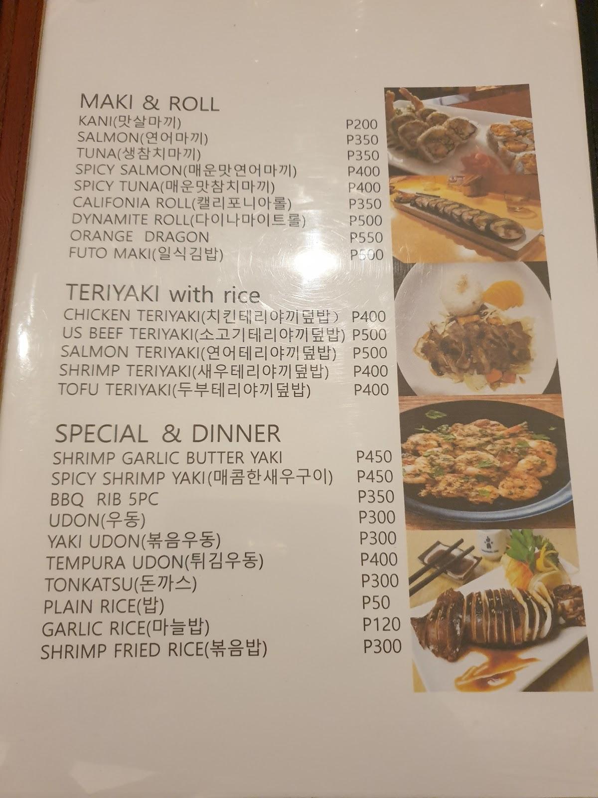Menu at Yuki restaurant, Lapu-Lapu City