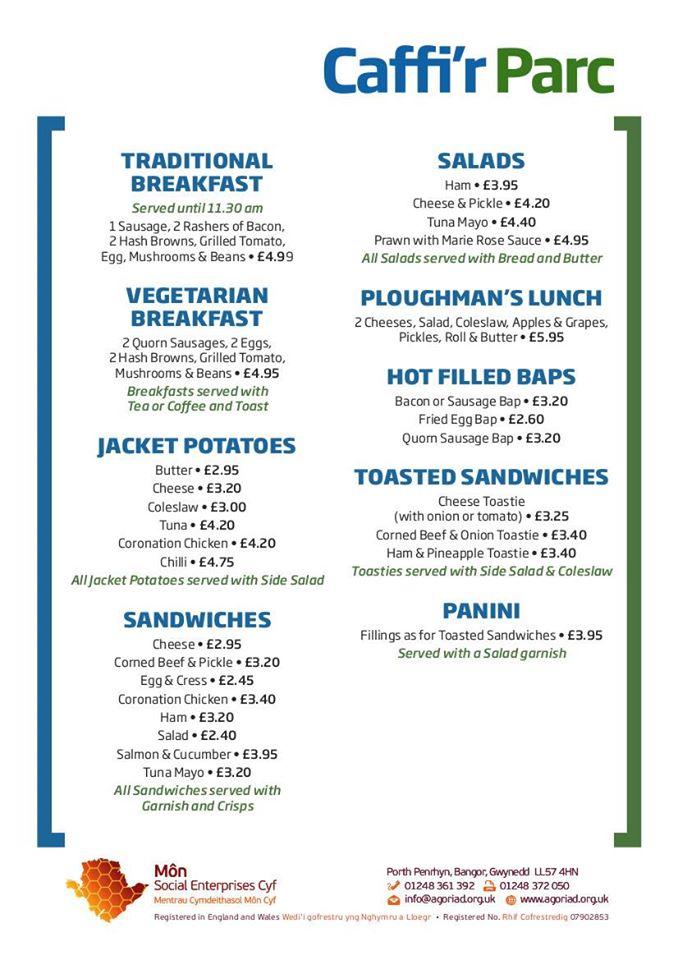 Menu at Caffi'r Parc cafe, Holyhead