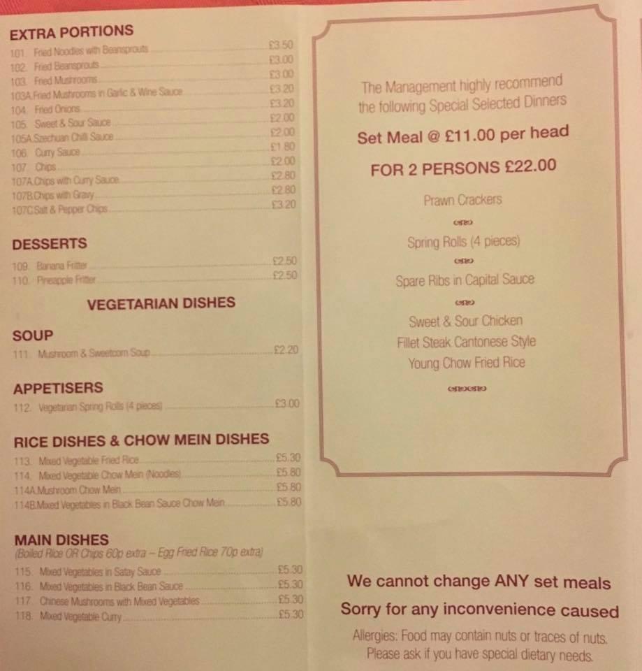 Menu at Canton Chef Cantonese restaurant, Cleator Moor