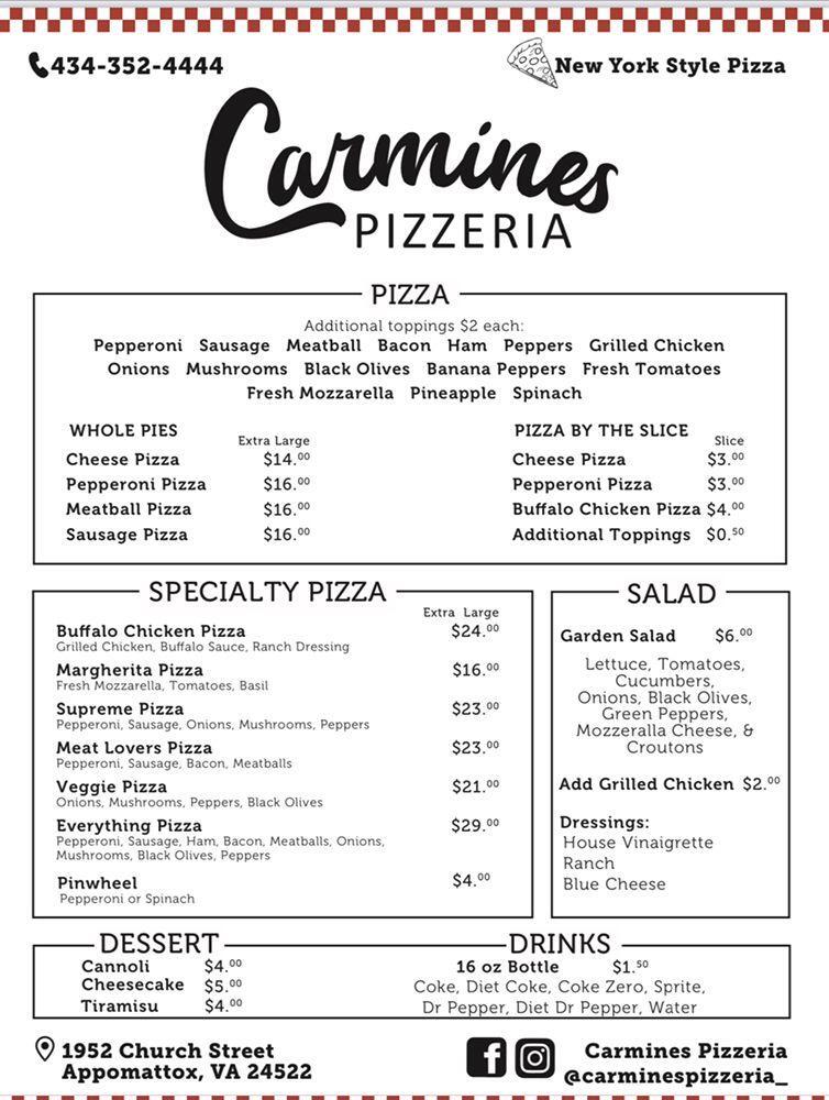 Menu at Carmine’s Pizzeria, Appomattox