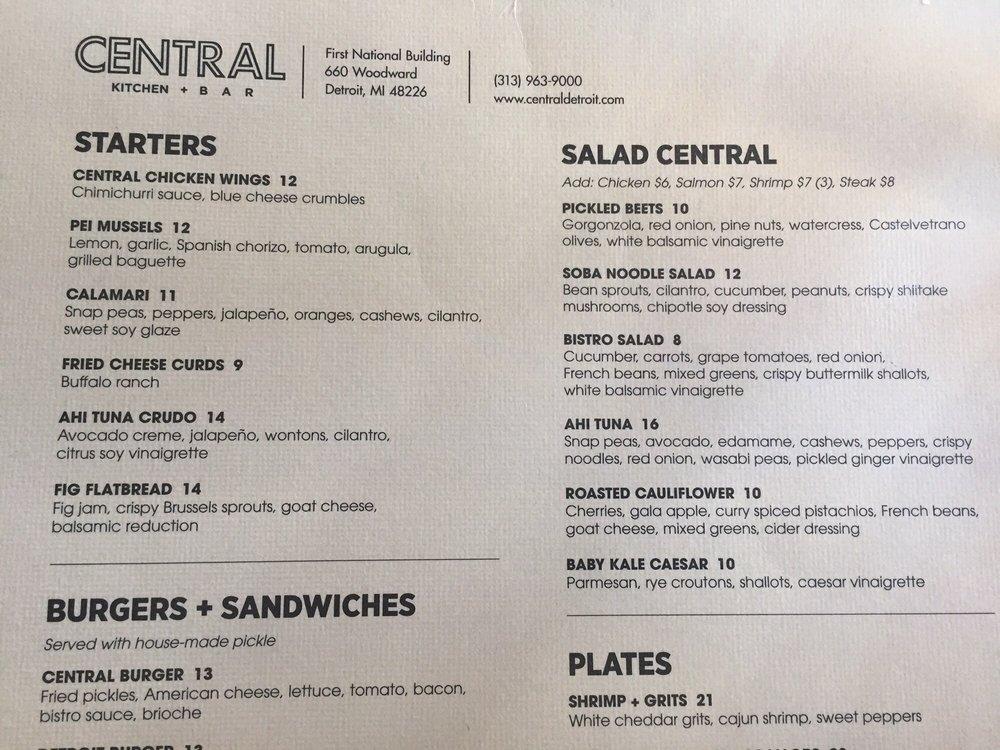 Menu at Central Kitchen + Bar, Detroit