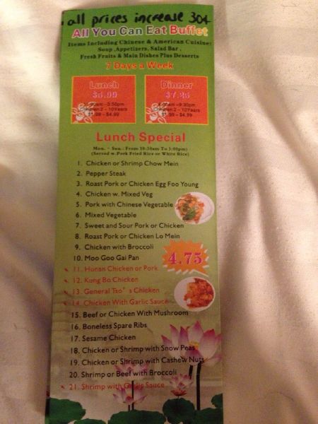 Menu at Eastern Chinese Restaurant, Ladysmith