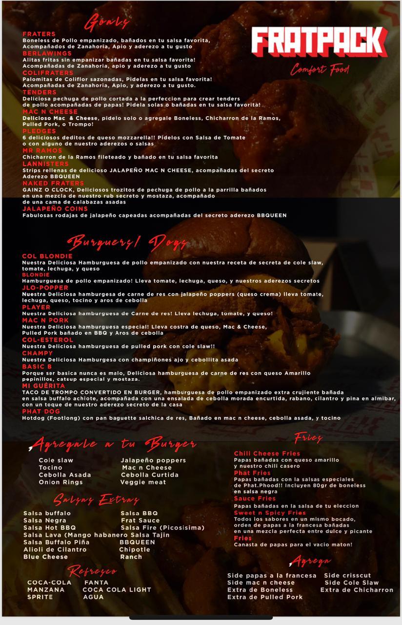 Menu at Frat Pack restaurant, Monterrey, Av Paseo de los Leones 1800