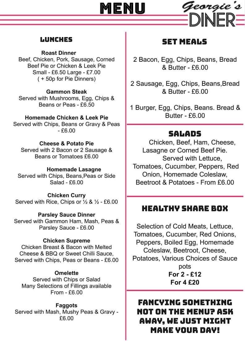 Menu at Georgie's Diner cafe, Pyle