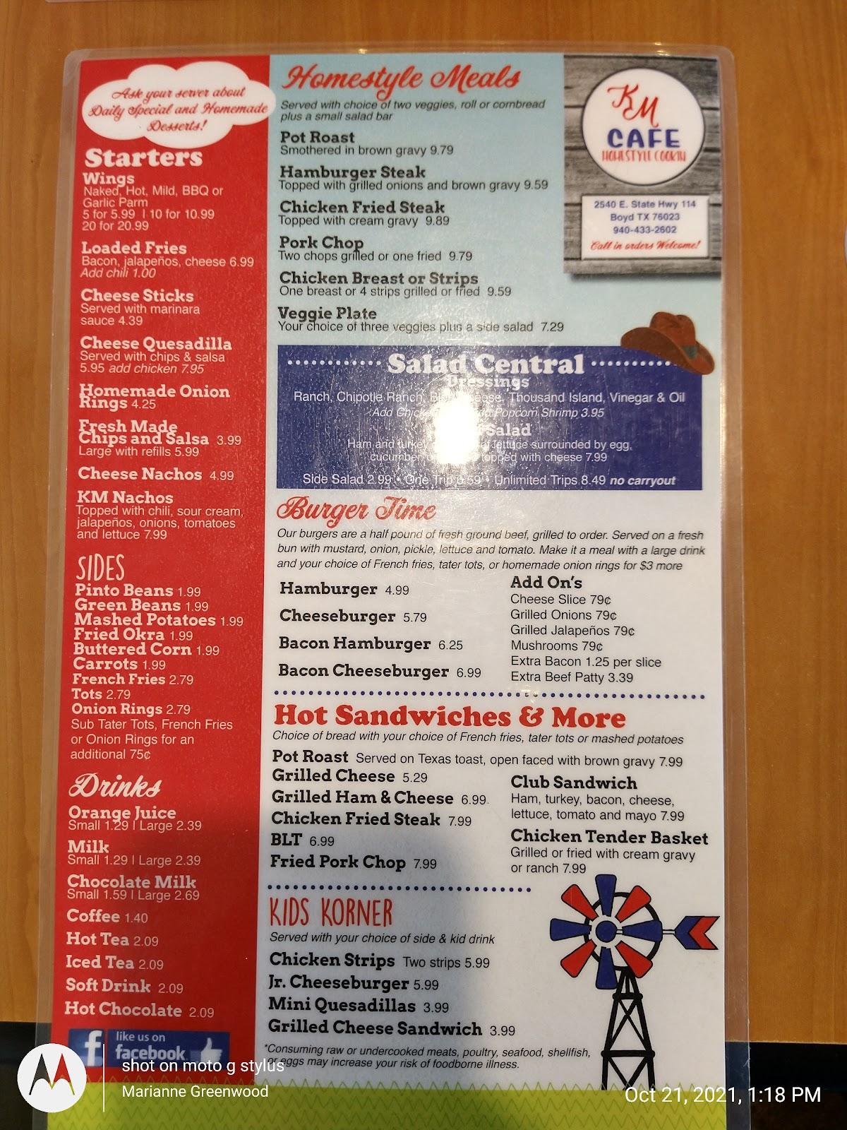 Menu at KM Cafe, Boyd