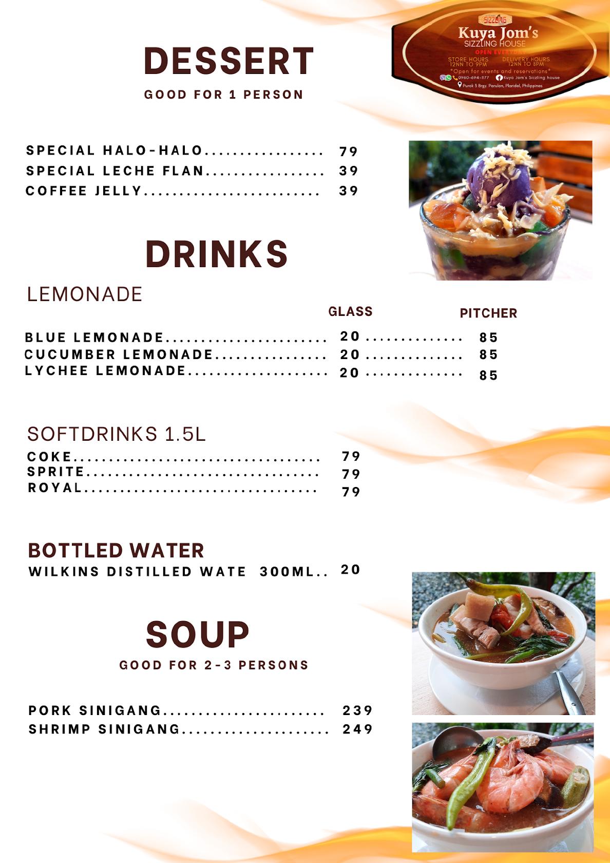 Menu at Kuya Jom's Sizzling House restaurant, Plaridel