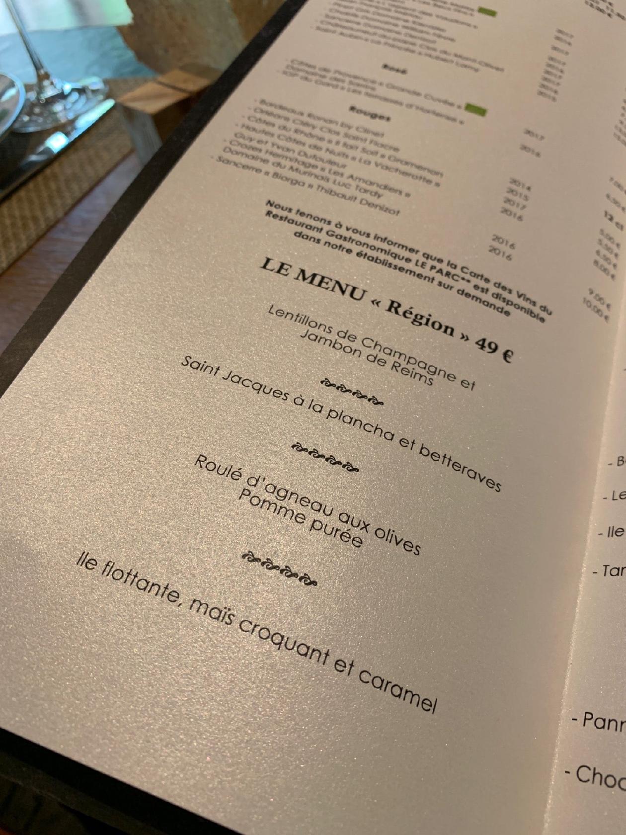 Menu at Domaine Les Crayères restaurant, Reims