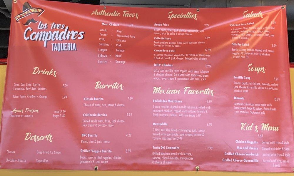 Menu at Los Tres Compadres restaurant, Kingston