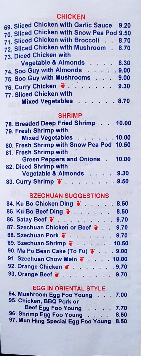 Menu at Mun Hing Restaurant, Grimsby