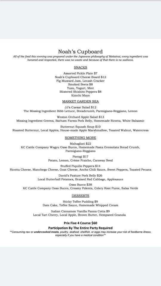 Menu at Noah's Cupboard restaurant, Weston