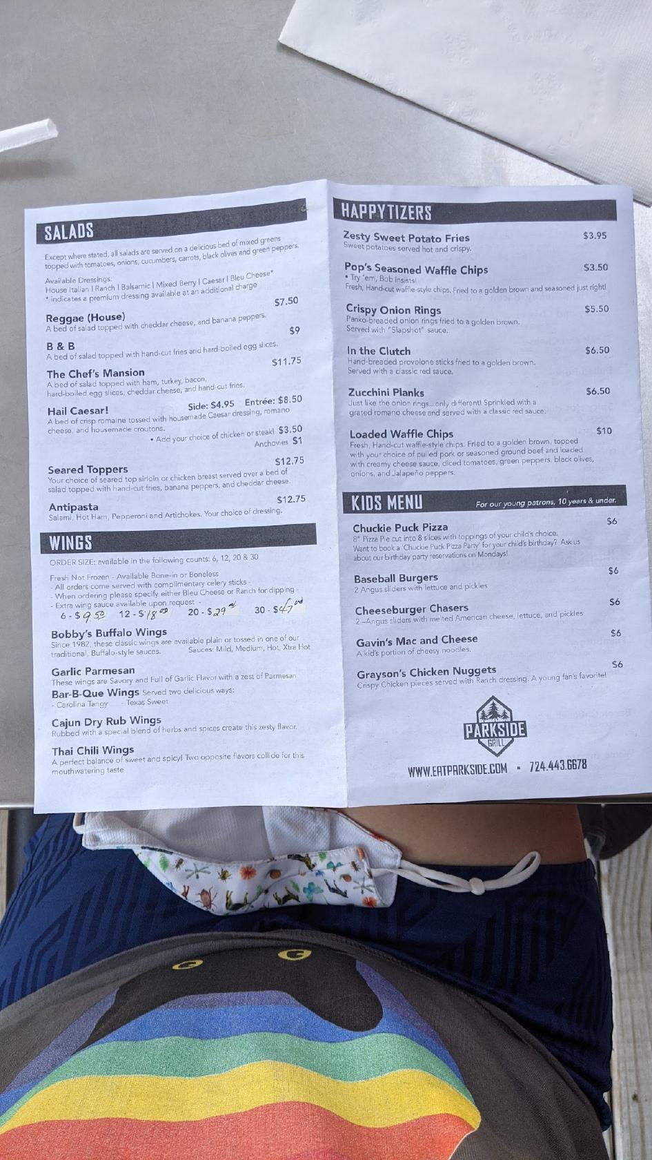 Menu at Parkside Grill pizzeria, Bakerstown
