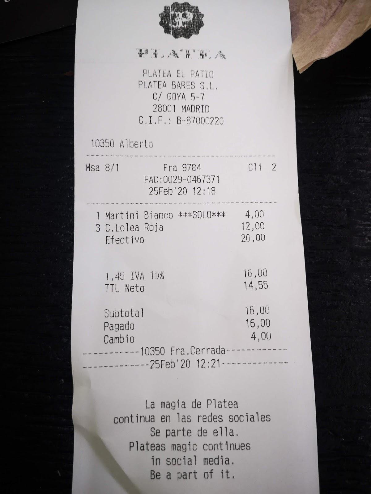 Menu at Platea Mercado restaurant, Madrid