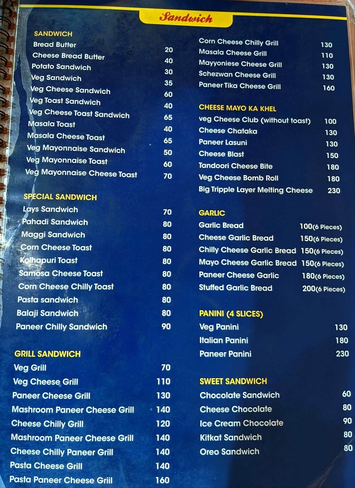 Menu at Raju Sandwich and burger corner, Mumbai
