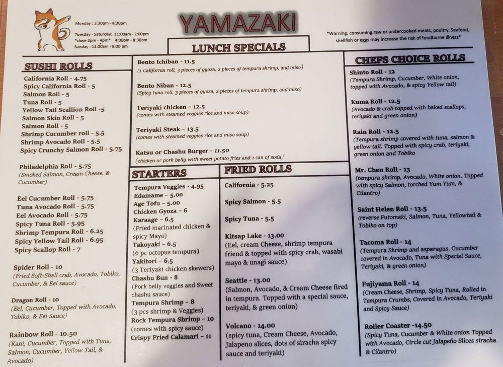 Menu at Yamazaki Sushi & Steaks restaurant, Bremerton