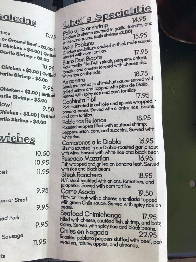 Menu at Don Bigote Mexican Restaurant, Plainville