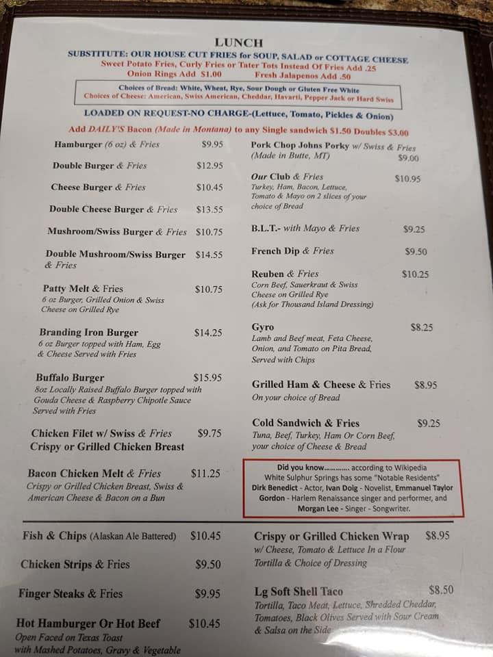 Menu at Branding Iron Cafe, White Sulphur Springs