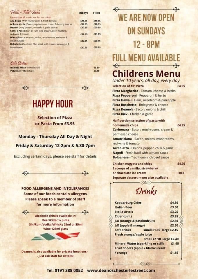 Menu at Da-Zero restaurant, Chester-le-Street