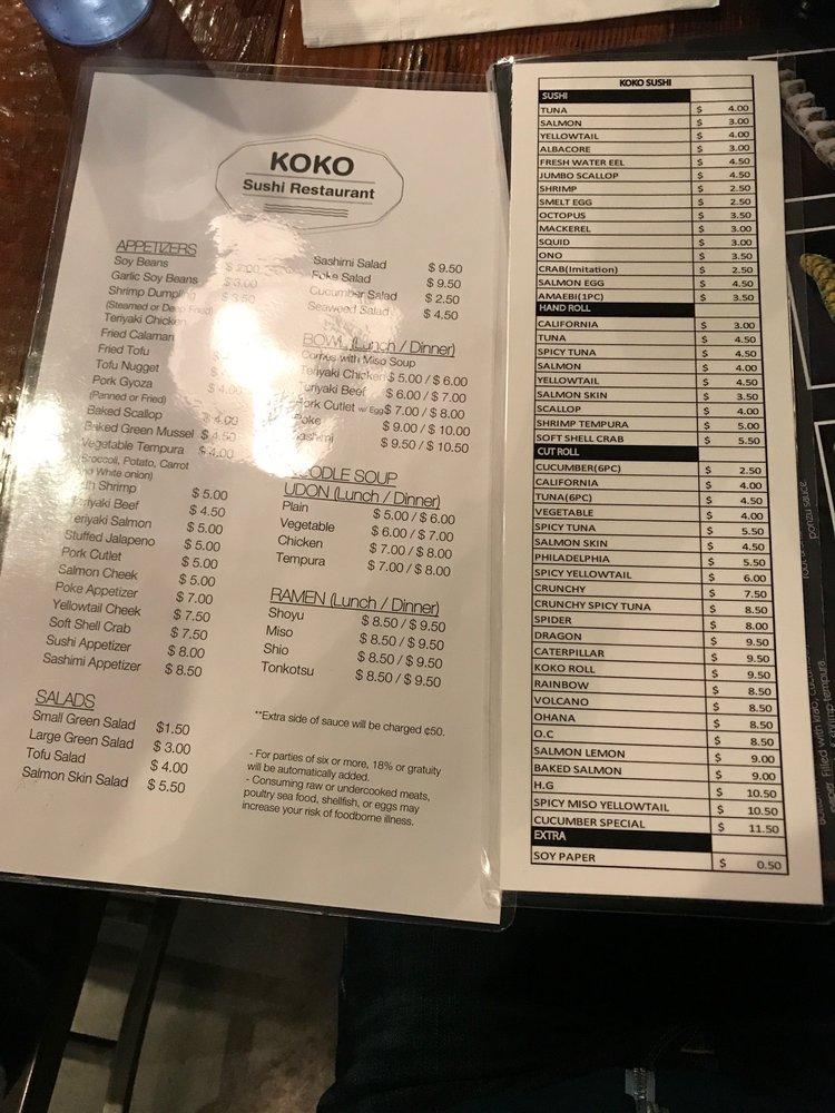 Menu at Koko sushi restaurant, Mission Viejo