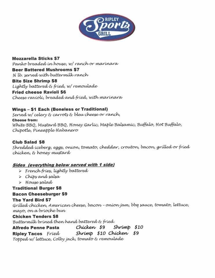 Menu at Ripley Sports Grill restaurant, Ripley