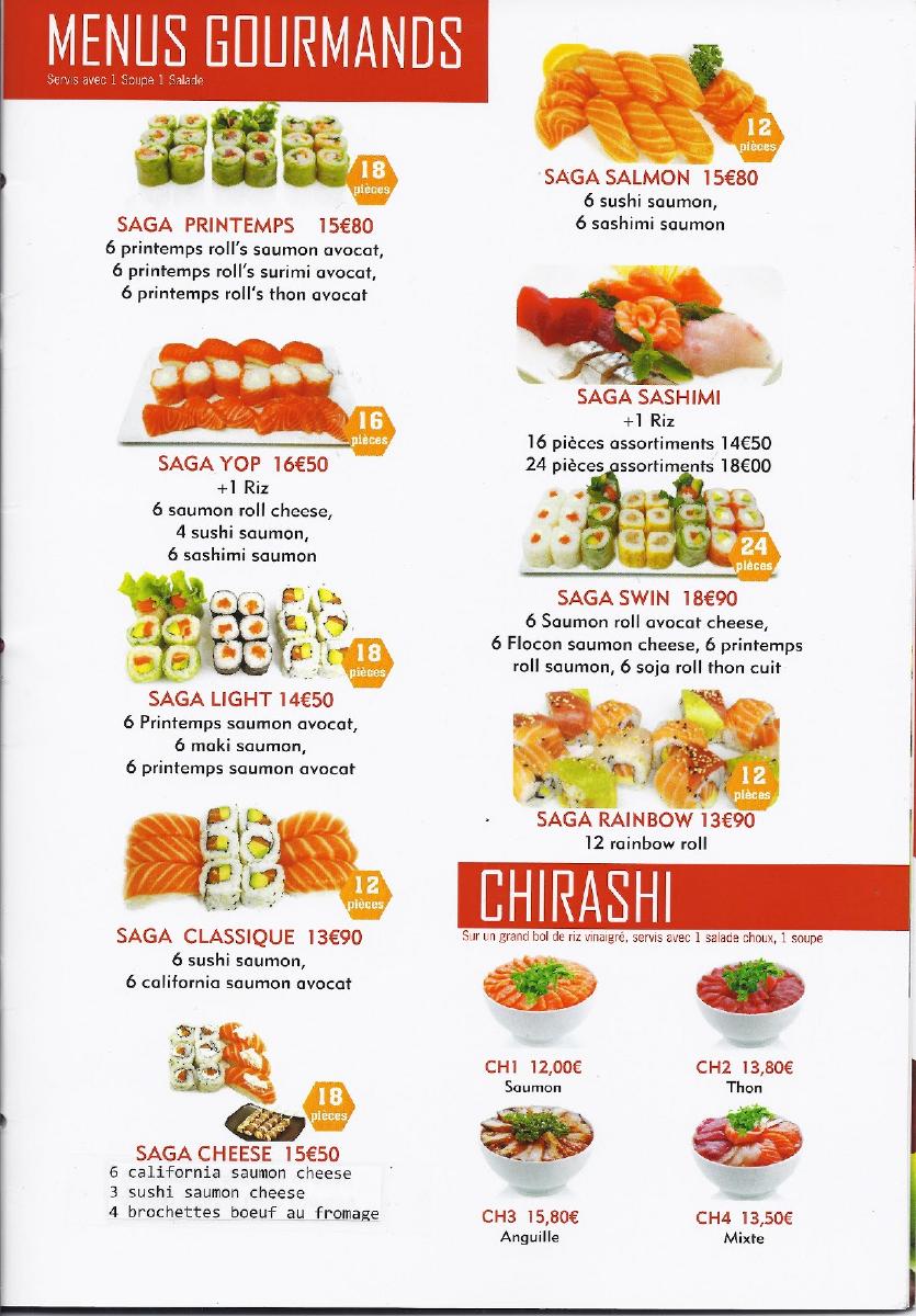 Menu at Saga Sushi restaurant, Vincennes