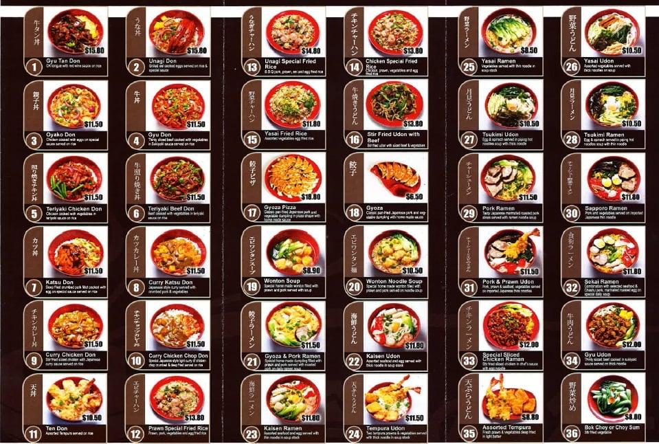 Carta del restaurante Sekai Japanese Ramen Cuisine, Footscray
