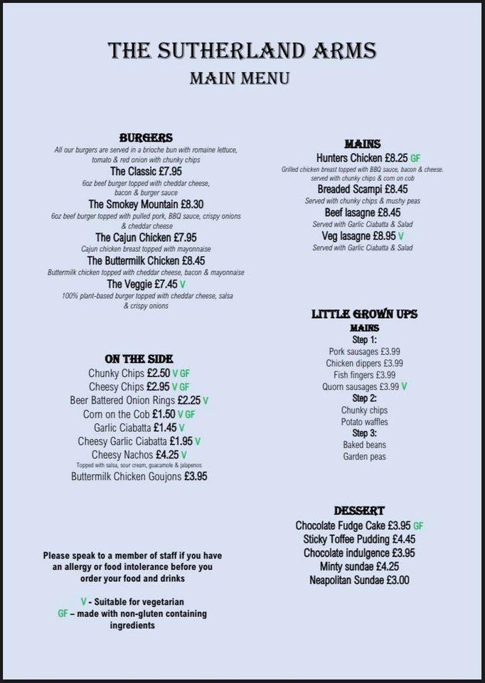 Menu at Sutherland Arms pub & bar, England, Tibberton