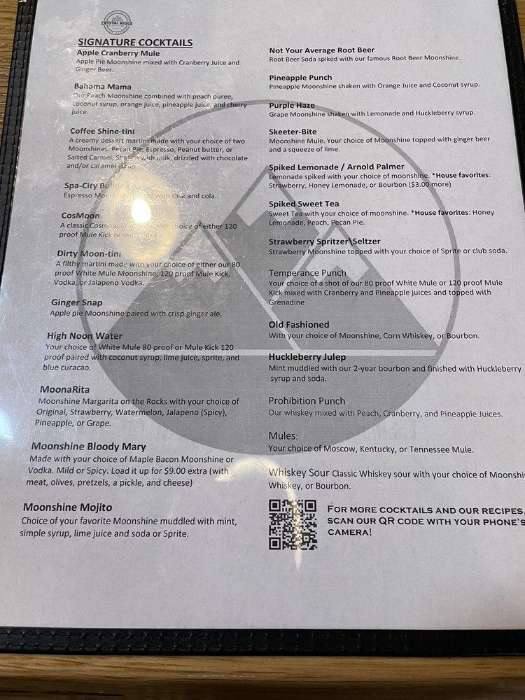 Menu at Crystal Ridge Distillery pub & bar, Hot Springs
