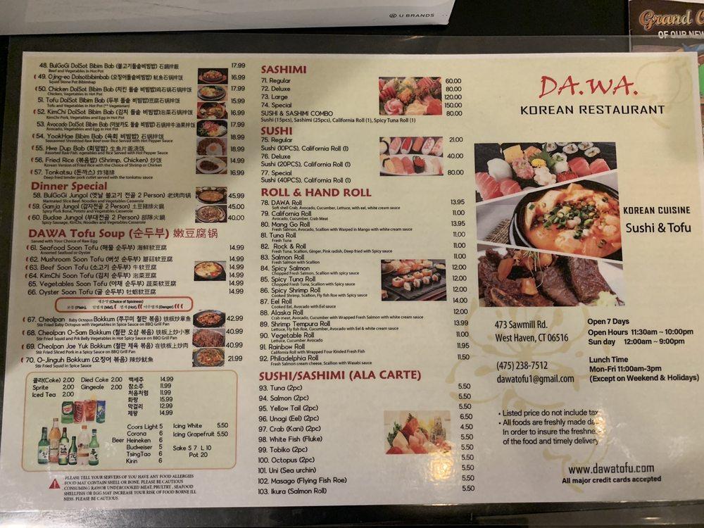Carta de DAWA Korean Restaurant, West Haven