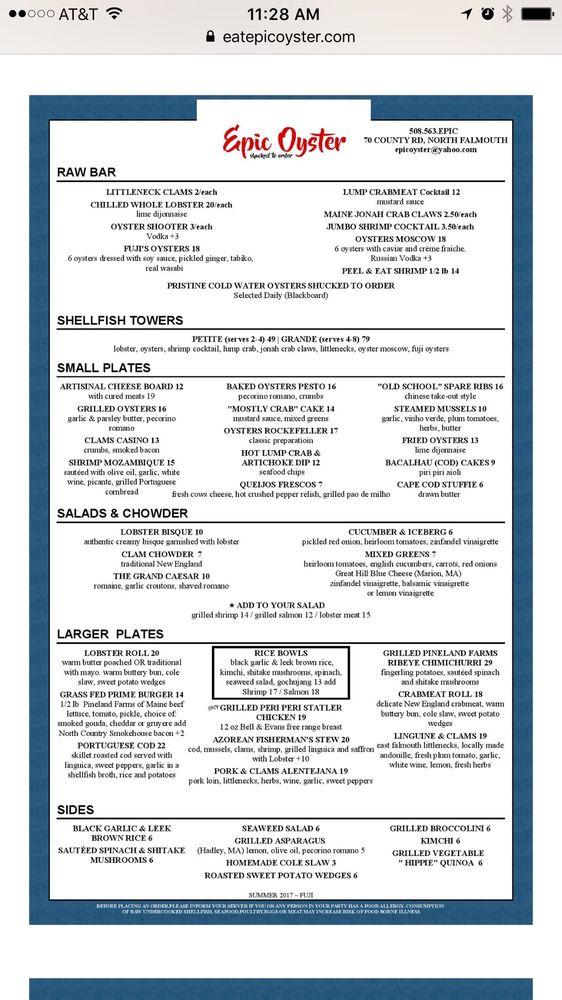 Menu at Epic Oyster pub & bar, Falmouth