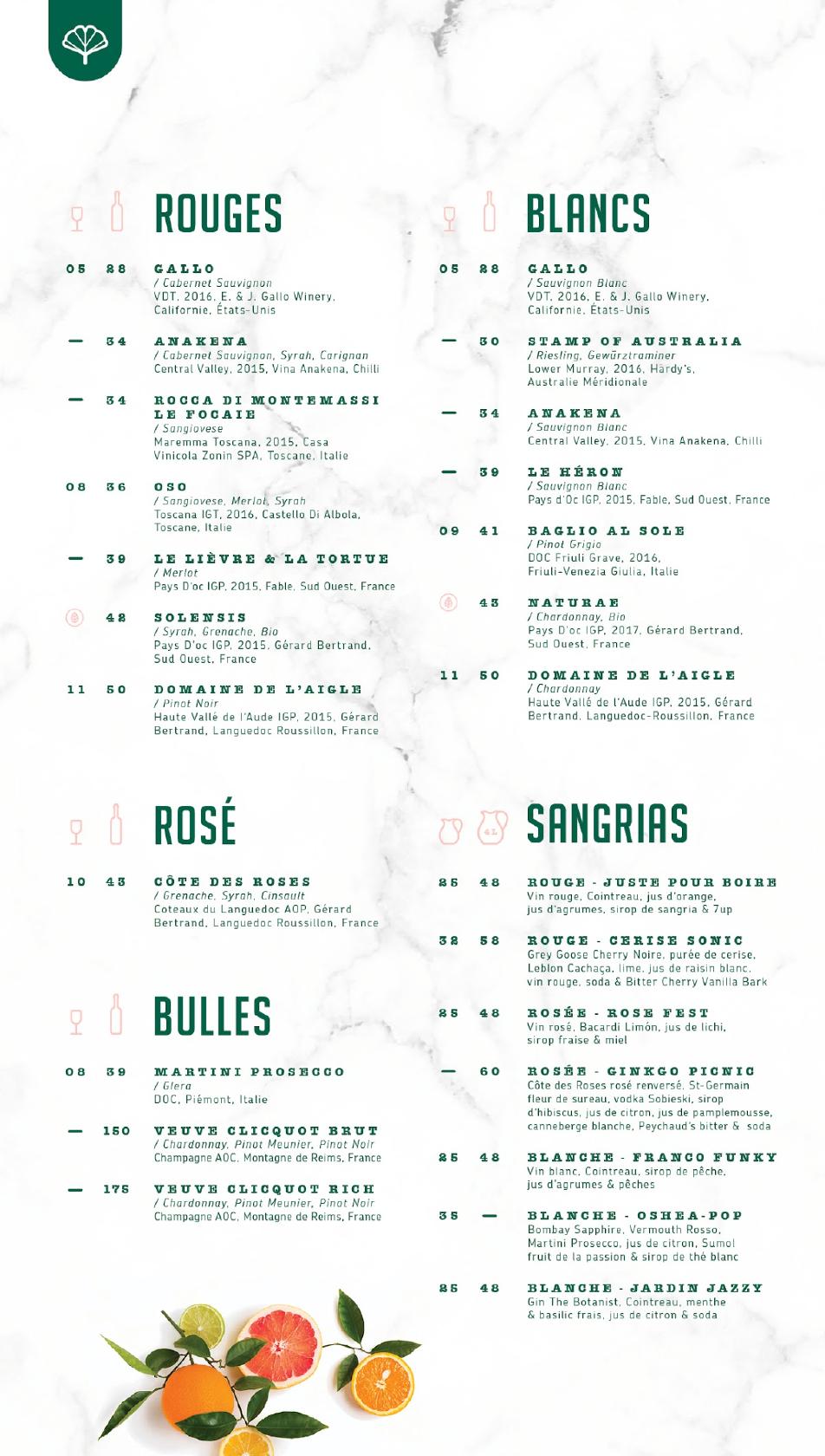 Menu at Ginkgo Café & Bar, Montréal