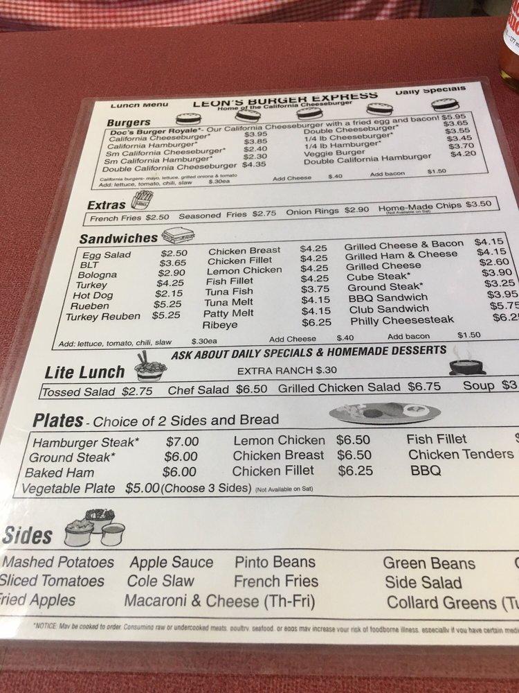Menu at Leon's Burger Express restaurant, Mount Airy