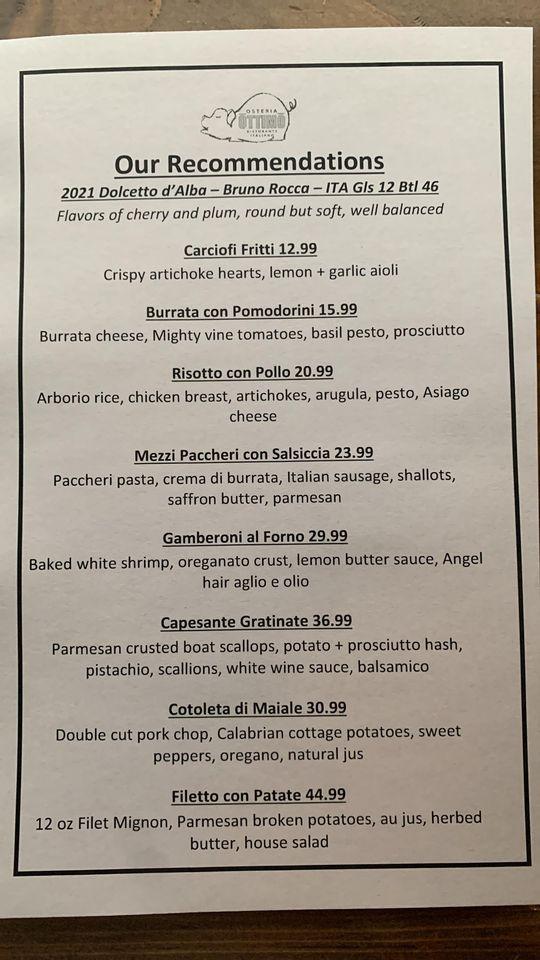 Menu at Ottimo restaurant, Orland Park
