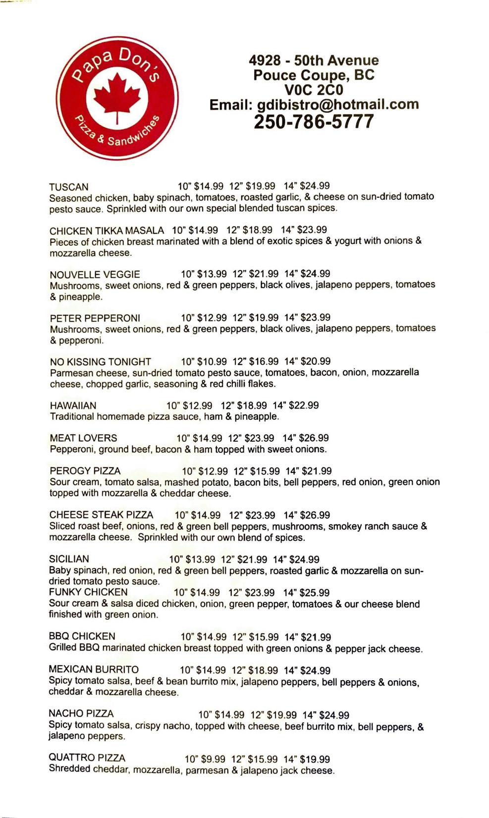 Menu at Papa Don's restaurant, Pouce Coupe