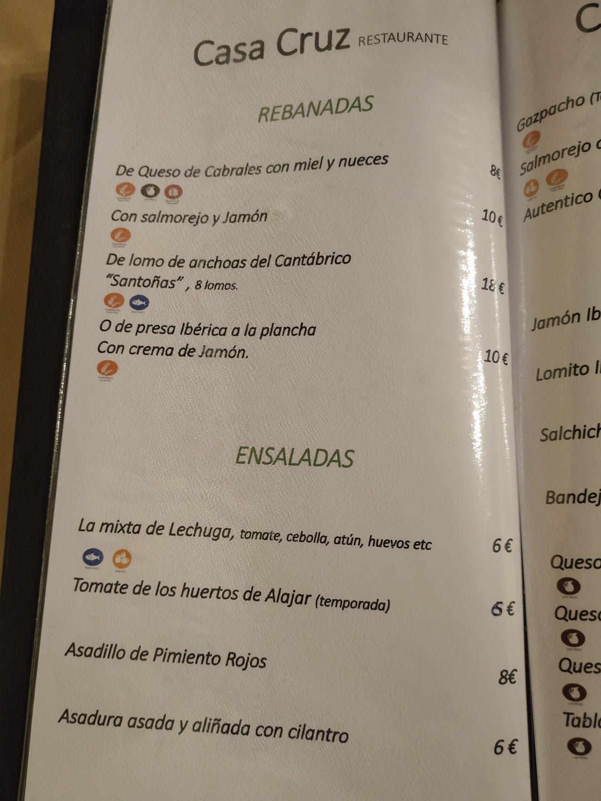 Carta de Restaurante casa cruz, Alájar
