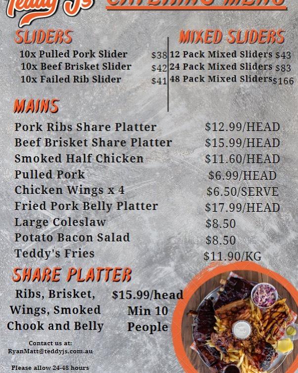Menu at Teddy J's BBQ & Burgers, Yeronga