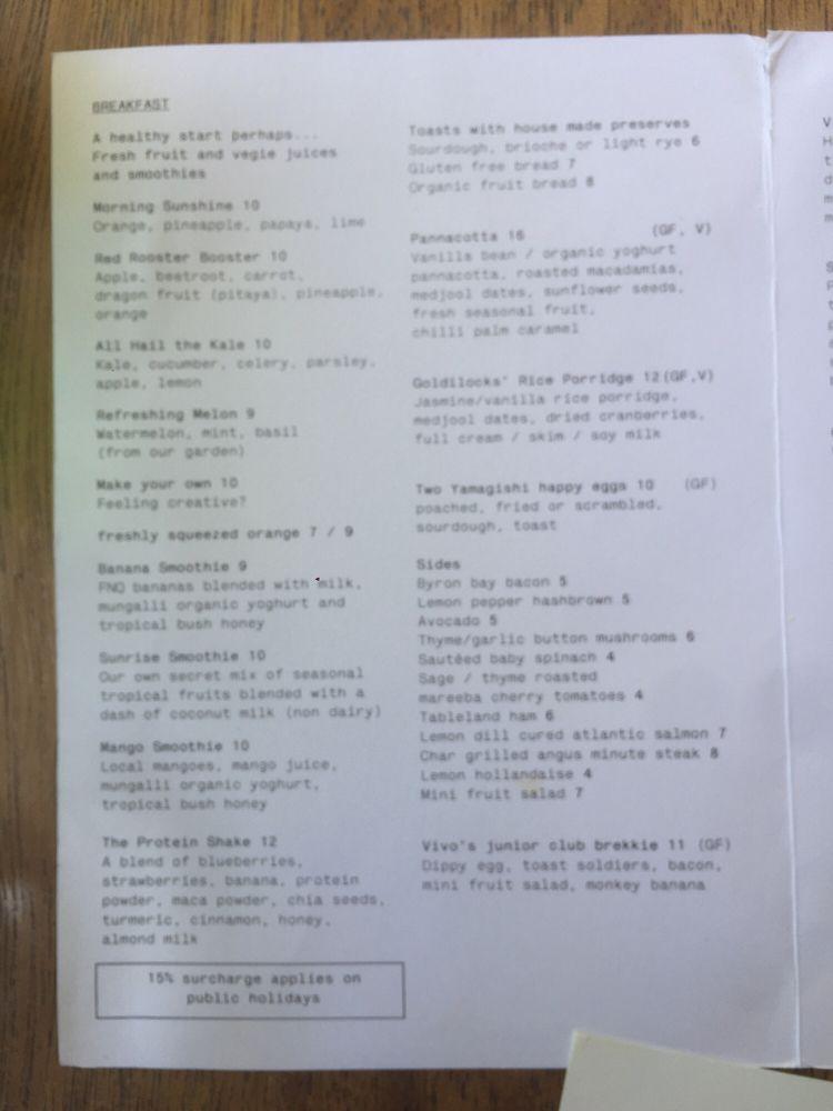 Menu at Vivo Palm Cove restaurant, Palm Cove