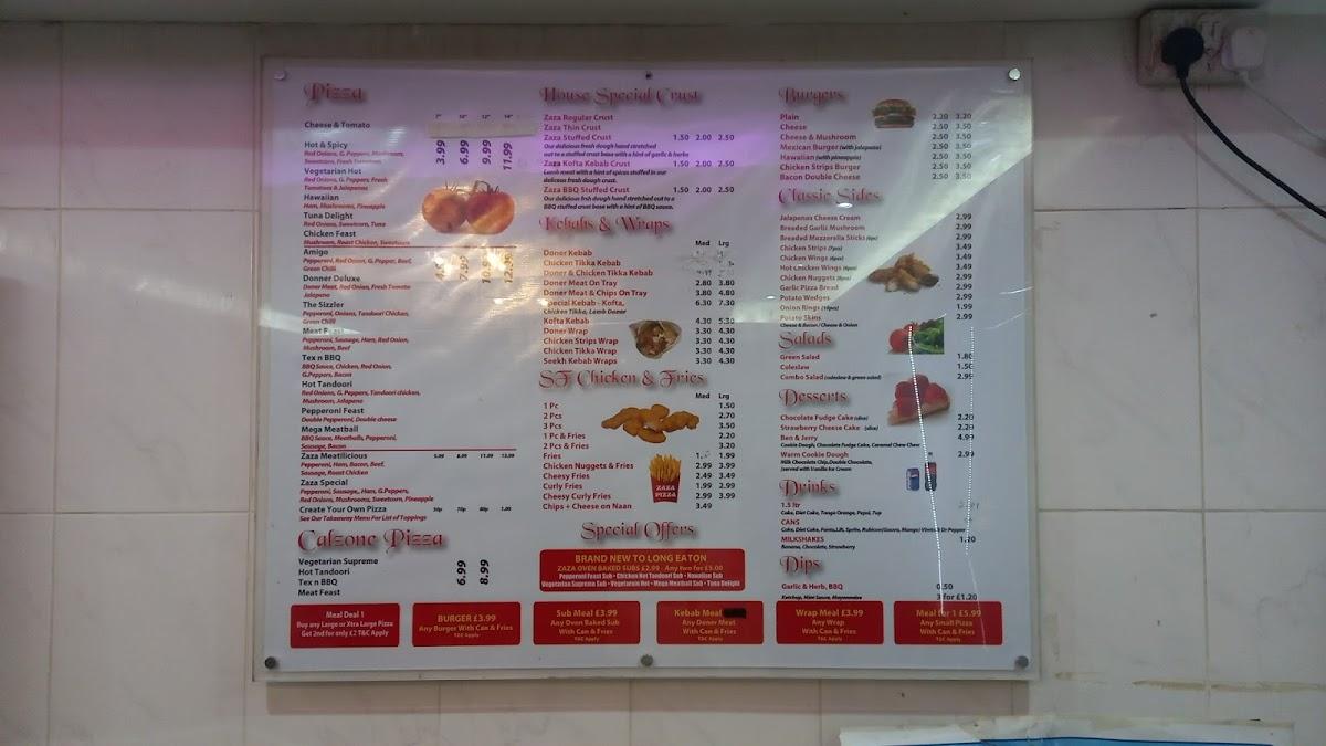 Menu at Zaza Pizza Nottingham pizzeria, Nottingham