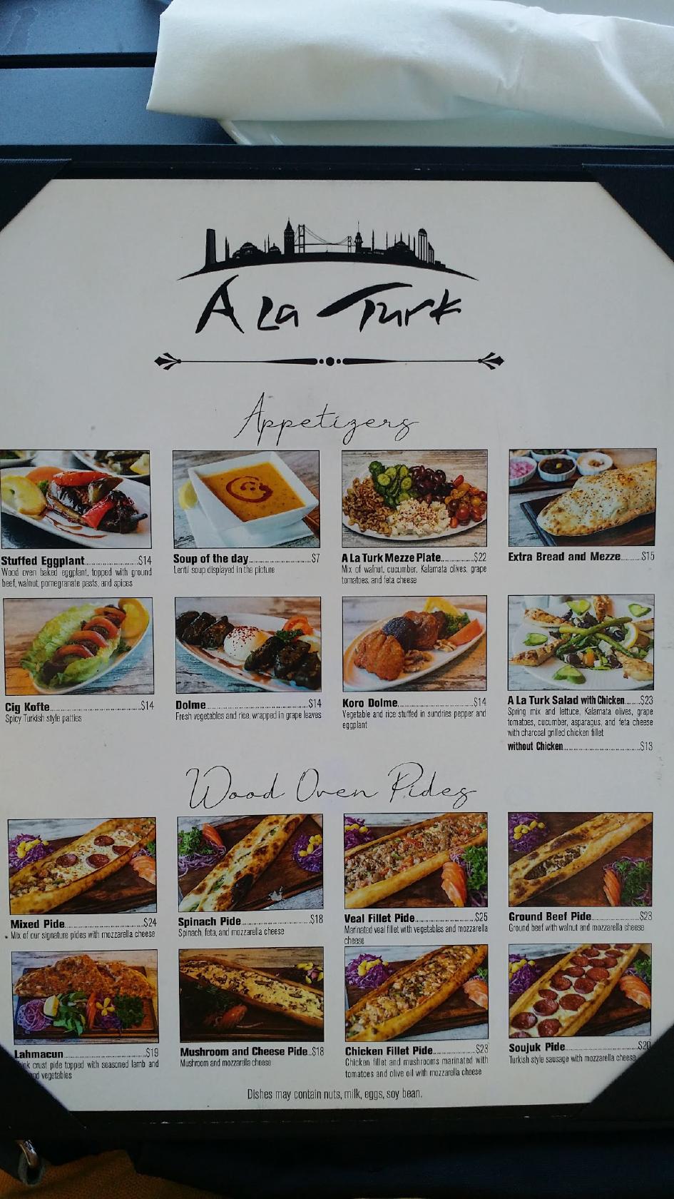 Menu at A la Turk restaurant, Toronto