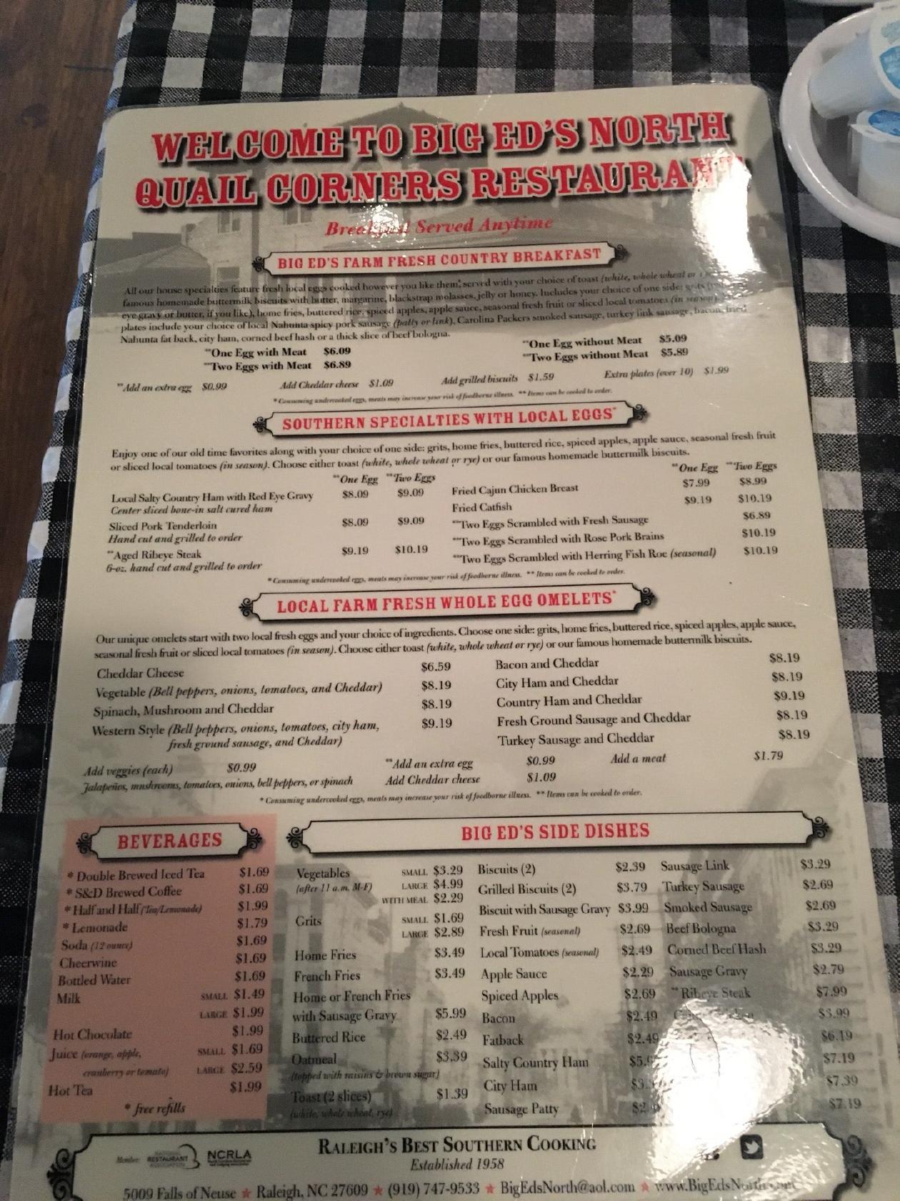 Menu at Big Ed's North Restaurant, Raleigh
