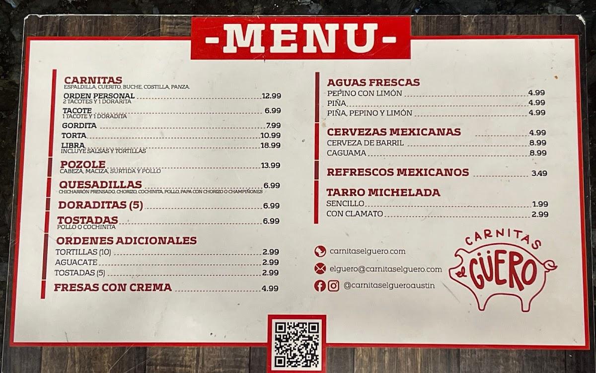 Menu at CARNITAS "El Güero" restaurant, Austin, N Lamar Blvd