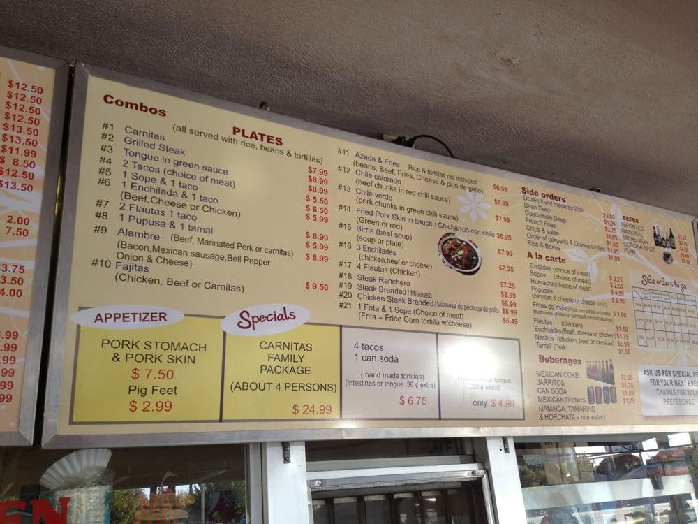 Menu at Carnitas Michoacan restaurant, Ceres