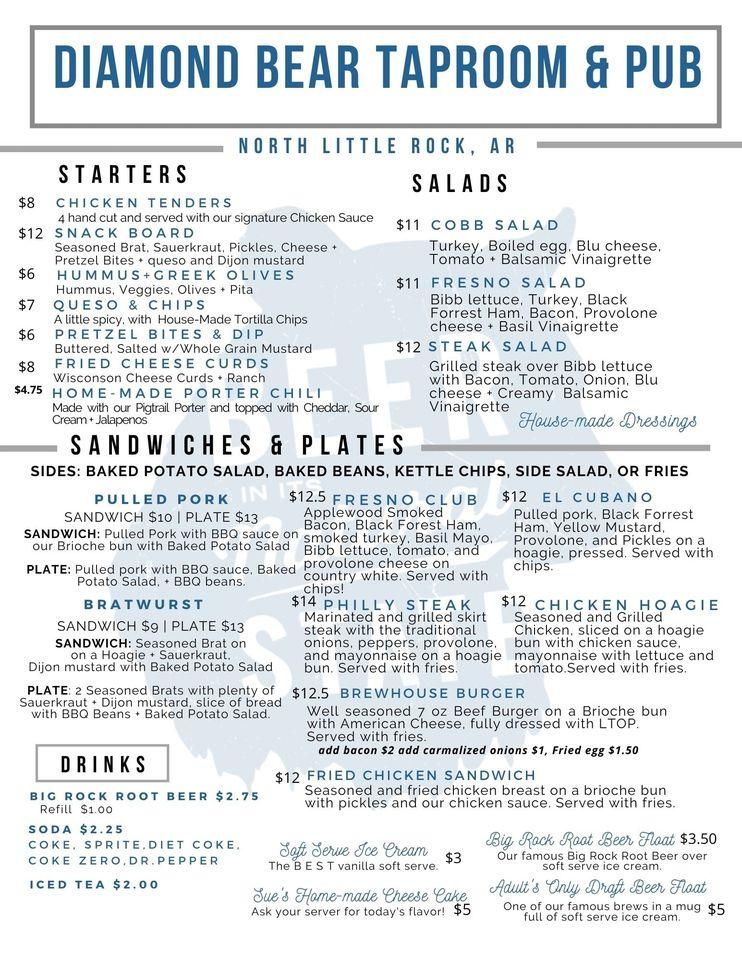 Menu at Diamond Bear Brewing Co. pub & bar, North Little Rock