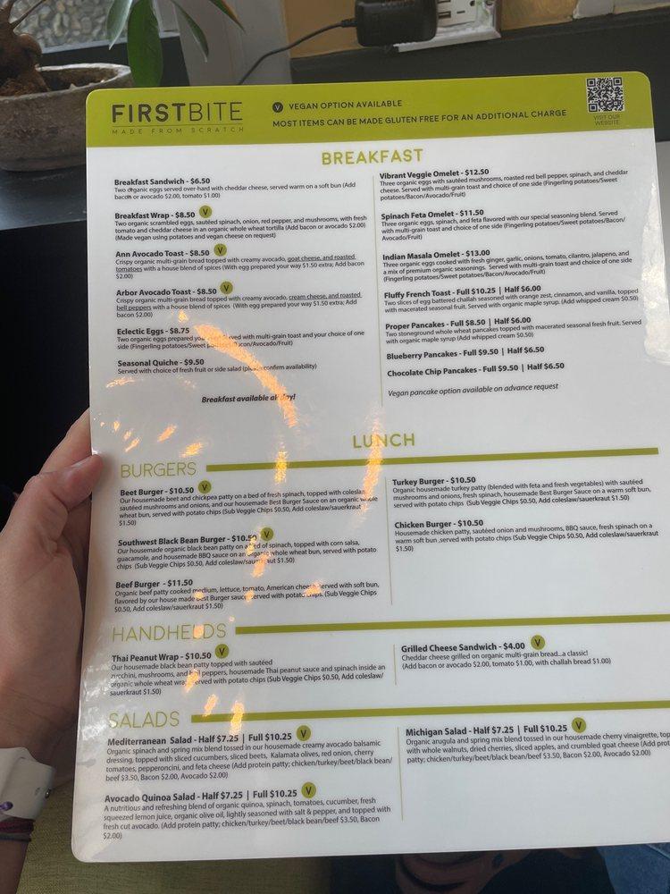 Menu at First Bite restaurant, Ann Arbor