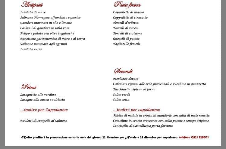 Menu da Gastronomia ristorante, Fontanellato
