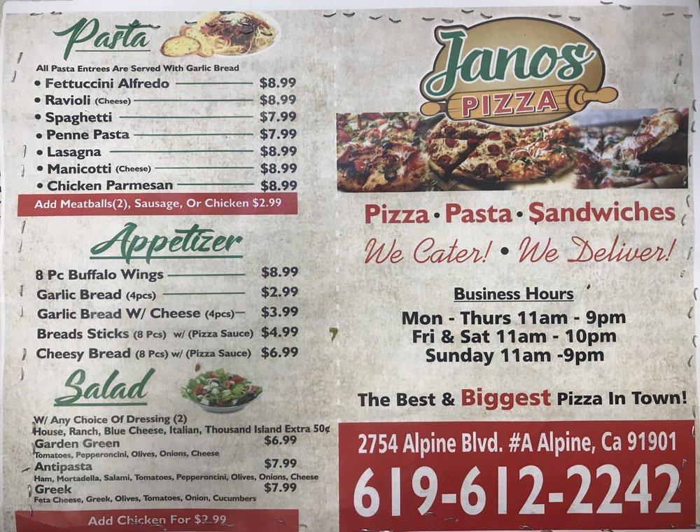 Menu at Janos Pizza pizzeria, Alpine
