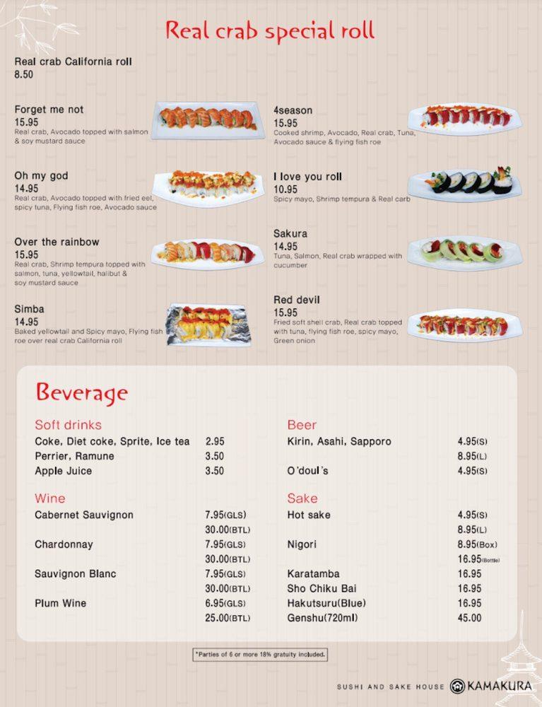 Carta de Kamakura Japanese Restaurant, Los Gatos