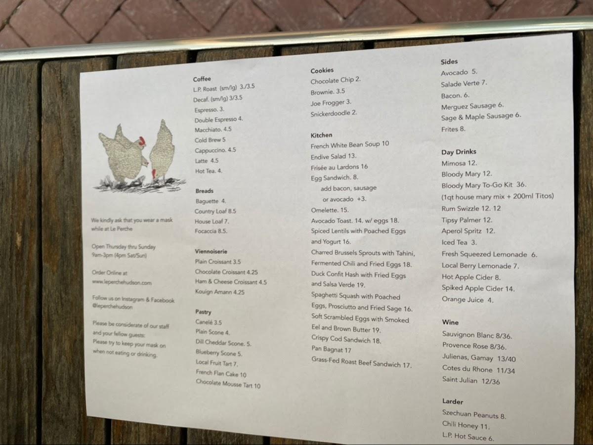 Menu at Le Perche restaurant, Hudson
