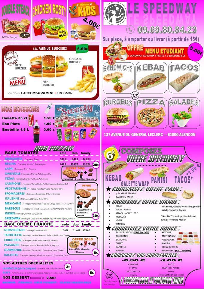 Menu au Le Speedway pizzeria, Alençon