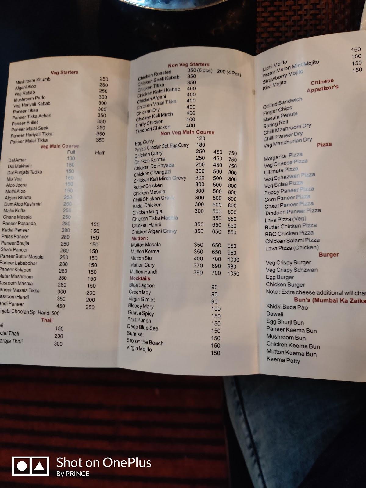 Menu at Punjabi Choolah, Shahjahanpur, New District hospital