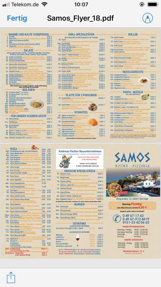 Speisekarte von Samos restaurant, Rhauderfehn
